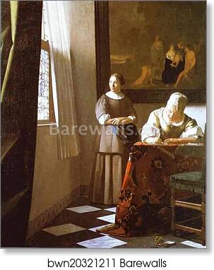 Lady Writing a Letter with Her Maid by Jan Vermeer, Art Print ...
