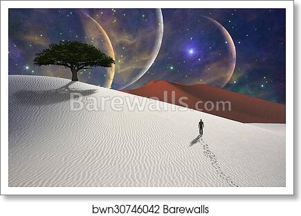 White desert on alien planet. Green tree and figure of a man in a ...