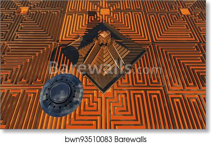 Mayan Gods arriving in a flying saucer above an Egyptian pyramid and ...