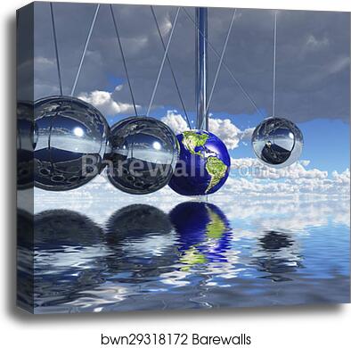 Surreal digital art. Newton's pendulum. One of the balls represents ...
